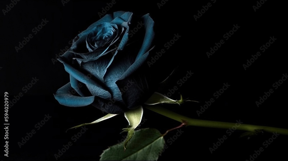 a single blue rose is shown in the dark with its stem still attached to ...