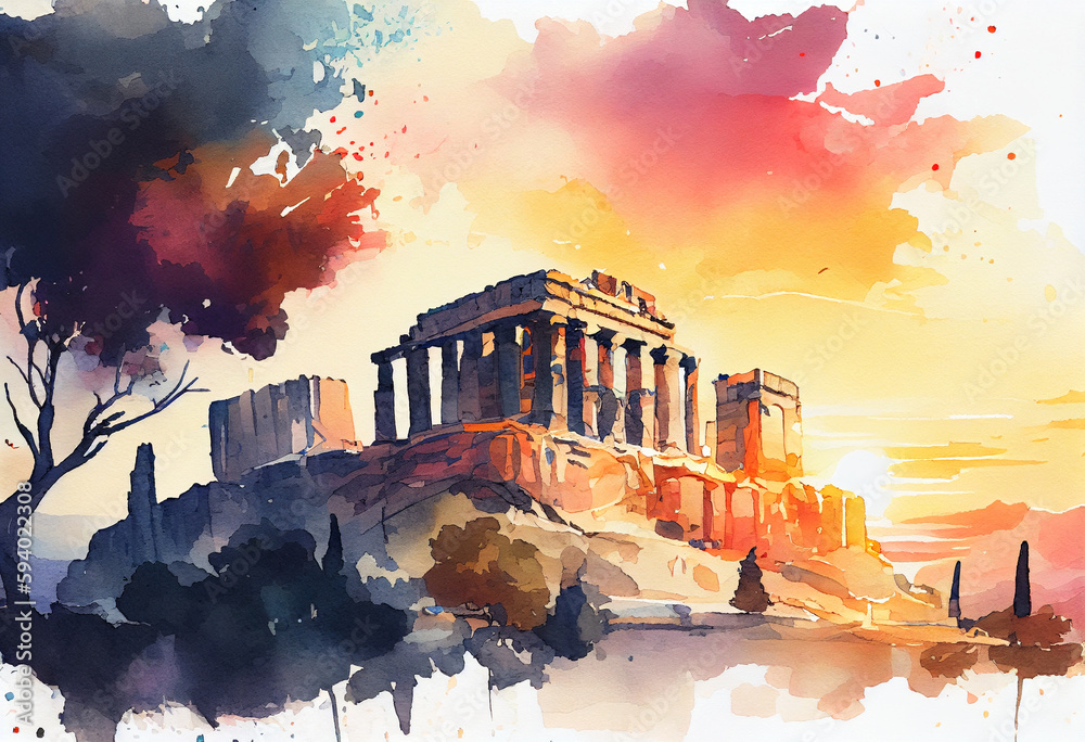 The Acropolis in Athens, Greece, with its ancient ruins and watercolor ...