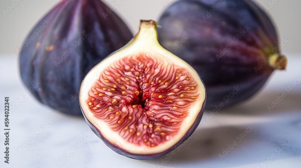 a close up of some figs on a white table with one cut in half and the ...