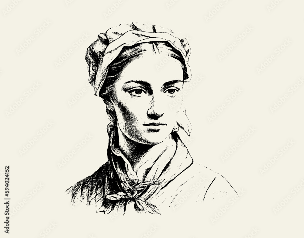 A cute girl maid is shown in pencil on an isolated background. The ...