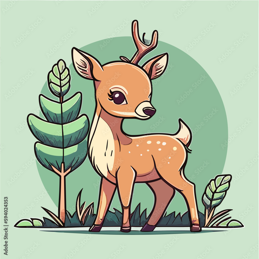Cute kawaii fawn deer calf in a magical forest, Flat vector ...