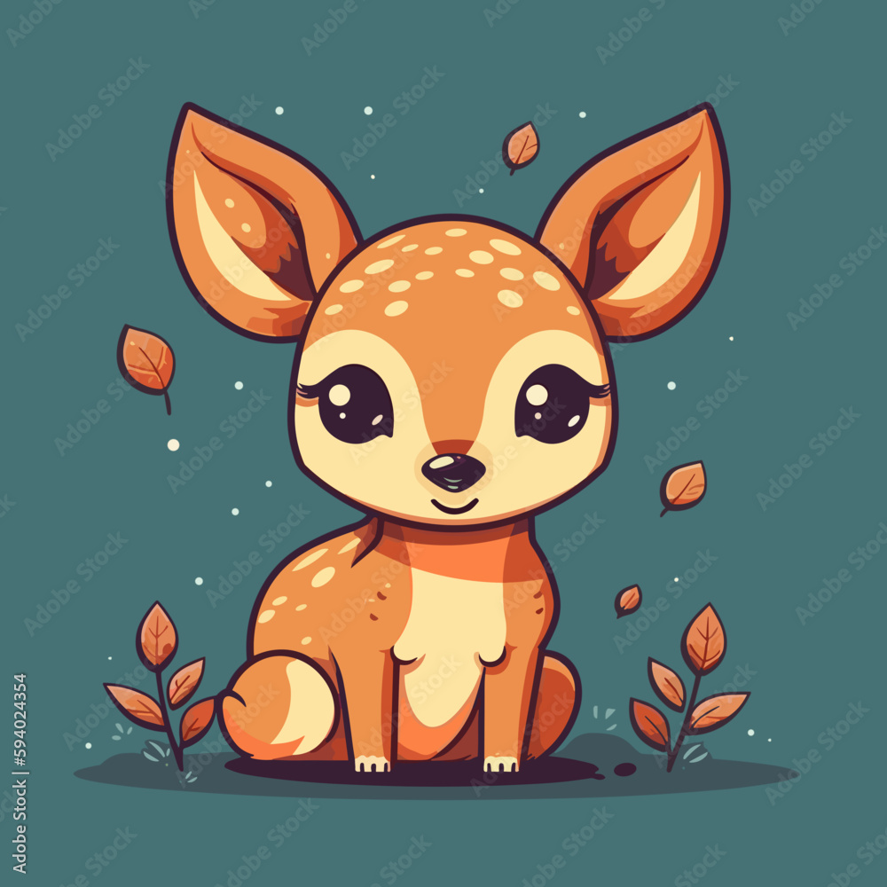 Cute kawaii fawn deer calf in a magical forest, Flat vector ...