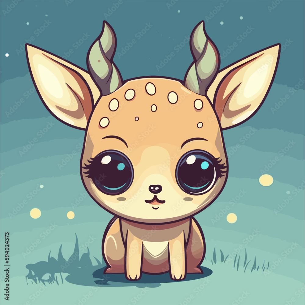 Cute kawaii fawn deer calf in a magical forest, Flat vector ...