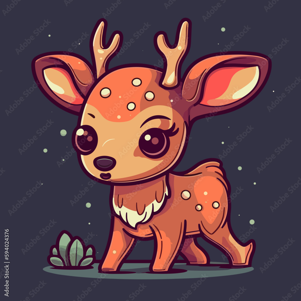 Cute kawaii fawn deer calf in a magical forest, Flat vector ...