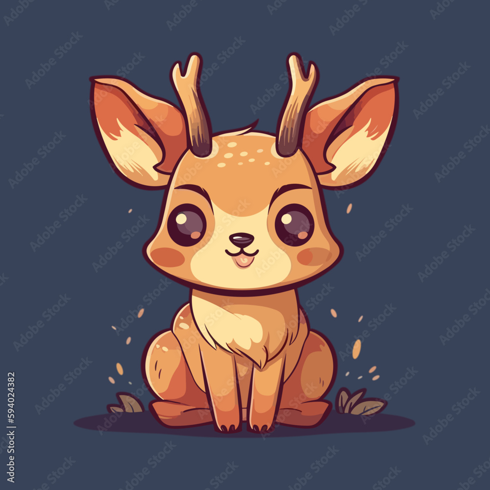 Cute kawaii fawn deer calf in a magical forest, Flat vector ...