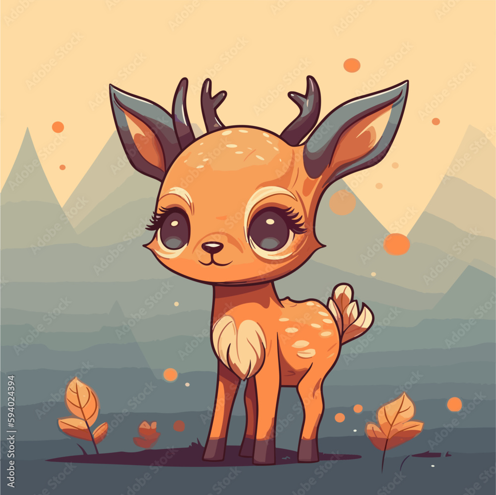 Cute kawaii fawn deer calf in a magical forest, Flat vector ...