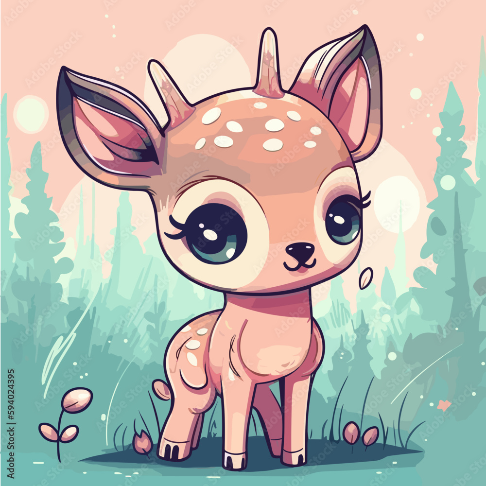 Cute kawaii fawn deer calf in a magical forest, Flat vector ...