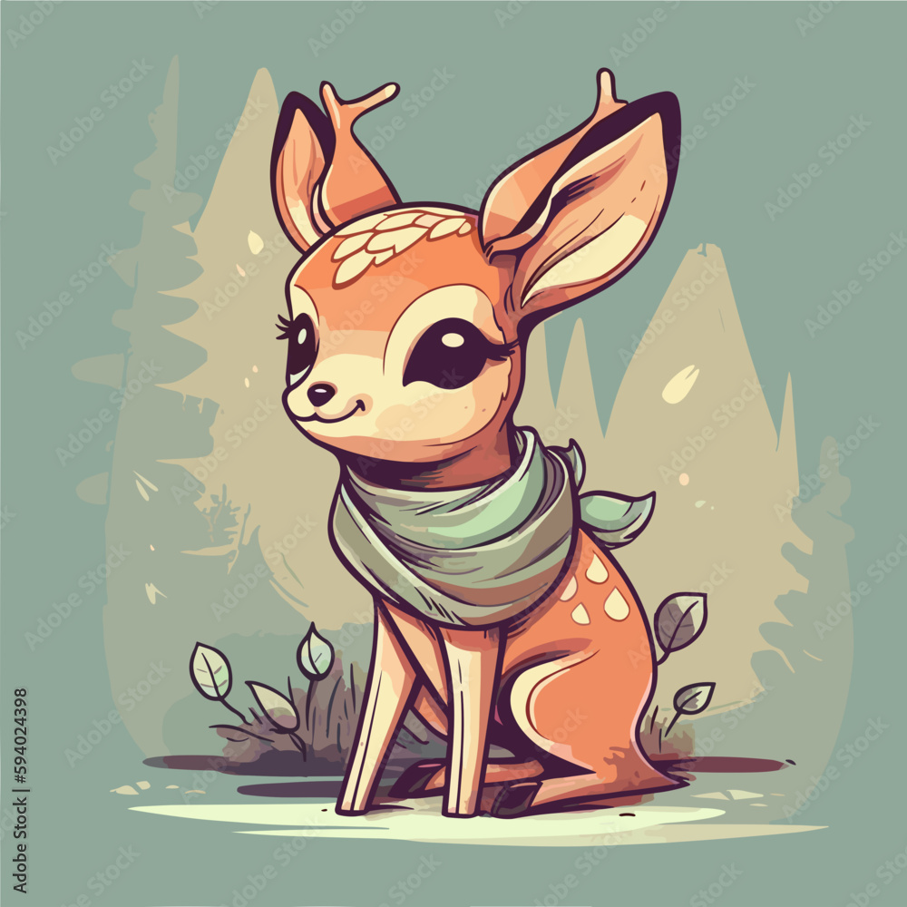 Cute kawaii fawn deer calf in a magical forest, Flat vector ...