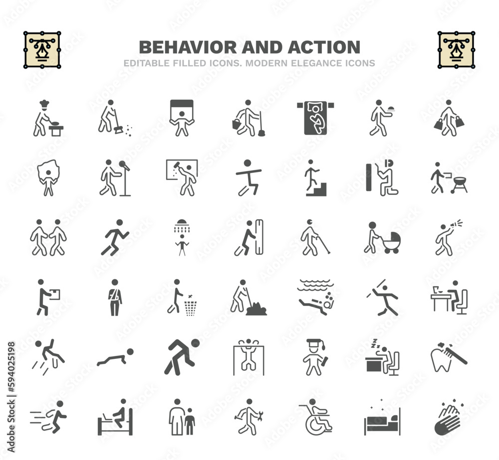 Vetor de set of behavior and action filled icons. behavior and action ...