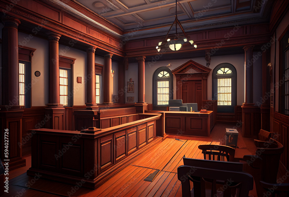 Realistic image of the interior of the courthouse. Wooden courtroom. AI ...