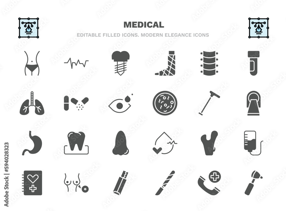 set of medical filled icons. medical glyph icons such as fit, implants ...