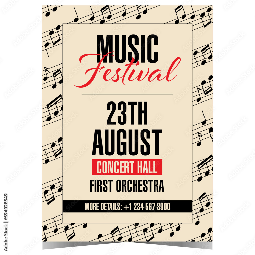 Music festival vector illustration with musical notes on a beige ...