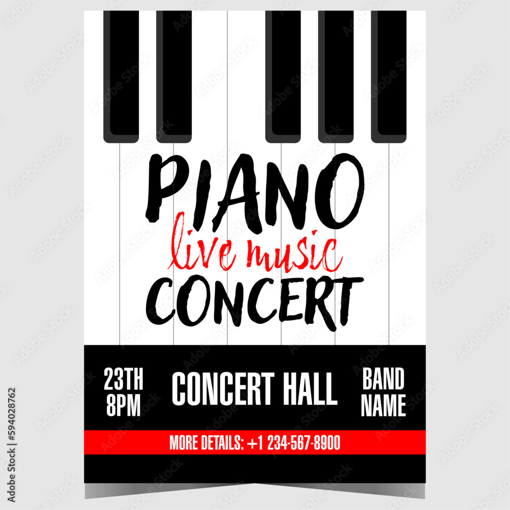 Piano music concert banner or poster with piano keys on background ...