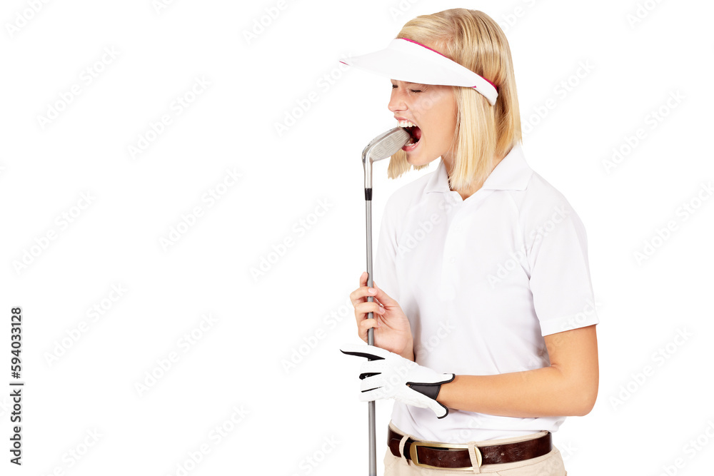 Angry, sports and woman biting a golf club for stress isolated on a ...