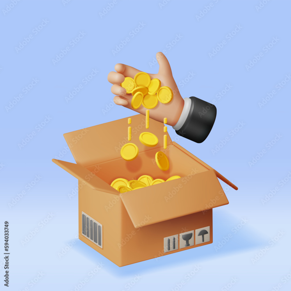 3D Cardboard Box with Gold Coins Inside Hand Isolated. Render Open ...