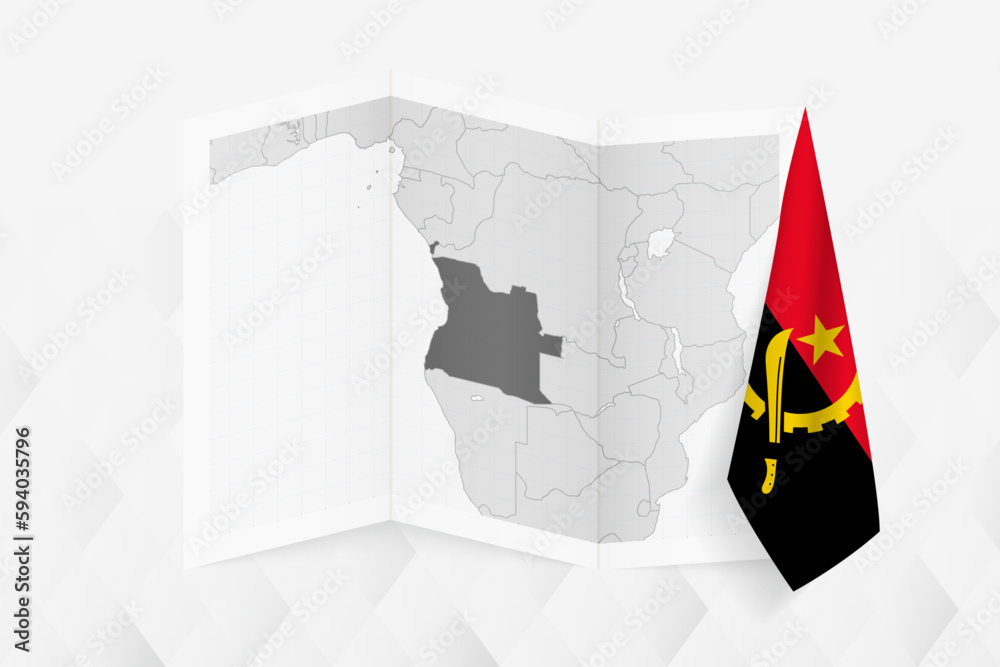 A grayscale map of Angola with a hanging Angolan flag on one side. Vector map for many types of ...