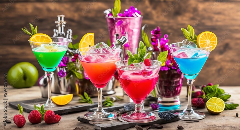 different types of cocktails with beautiful decoration. AI generation ...