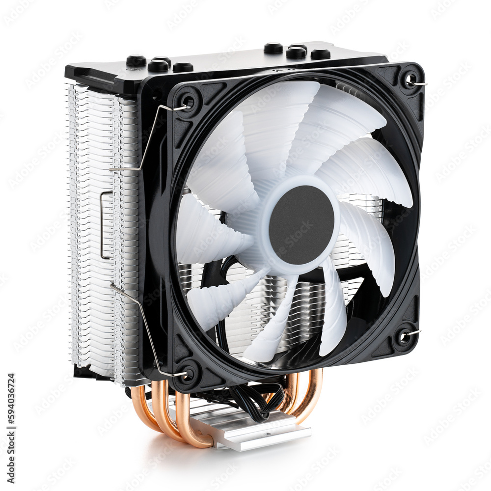 Cooler computer fan isolated on white. Active CPU cooler with large ...