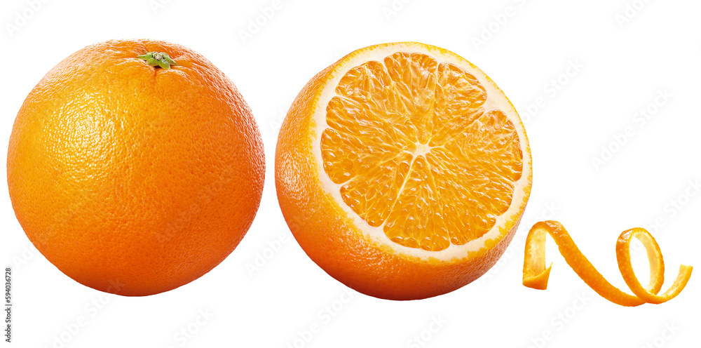 Laranja inteira, laranja cortada e raspa de laranja em fundo ...