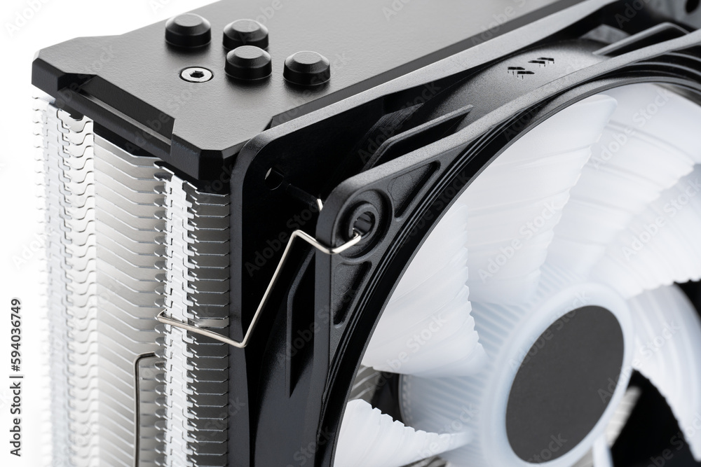 Cooler computer fan isolated on white. Active CPU cooler with large ...