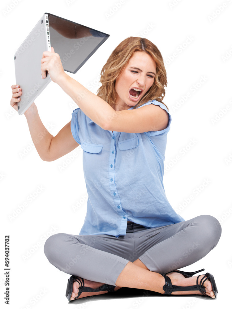 Business, angry and woman breaking laptop, frustrated and employee ...