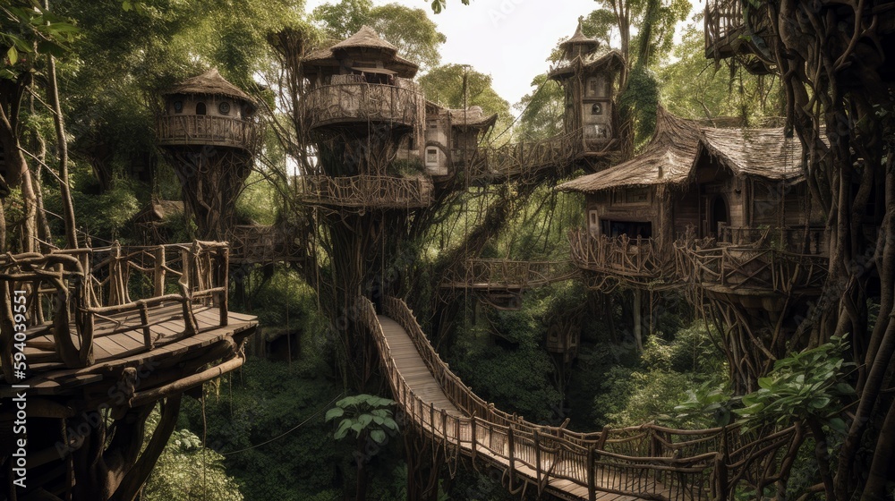 A massive treehouse village interconnected with rope bridges, with ...