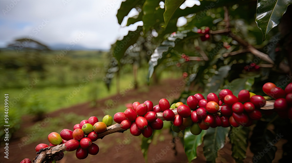 Coffee tree with fresh red coffee beans on coffee plantation. Ripening ...