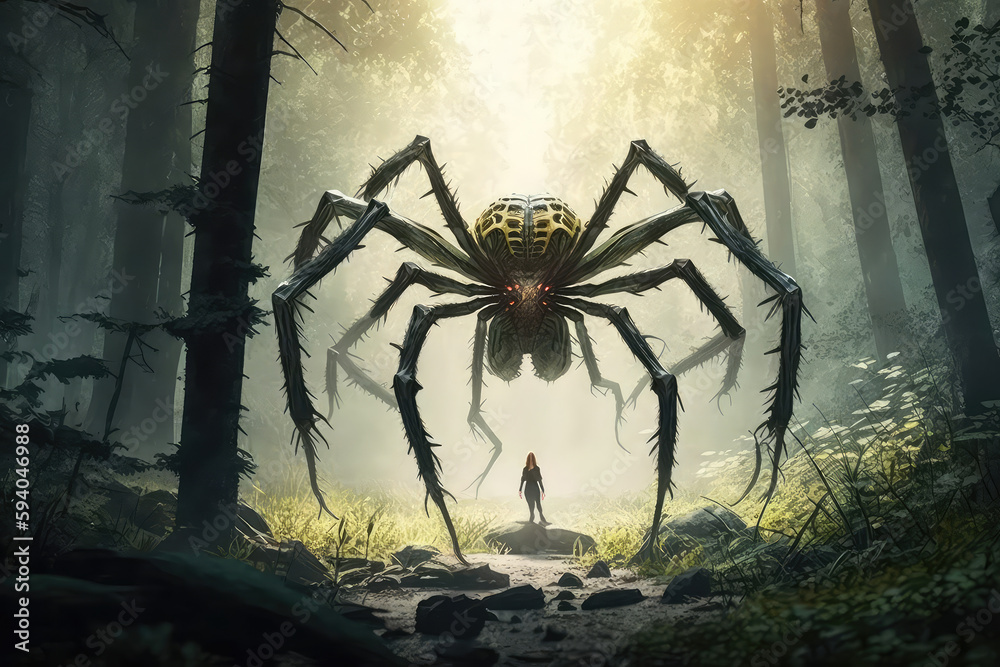 Brave hero lights way with lantern, stands in front of huge spider with ...