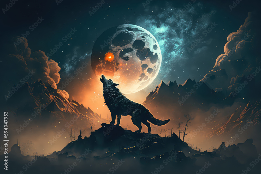 Digital illustration art painting a wolf howling in the wild, big fool ...