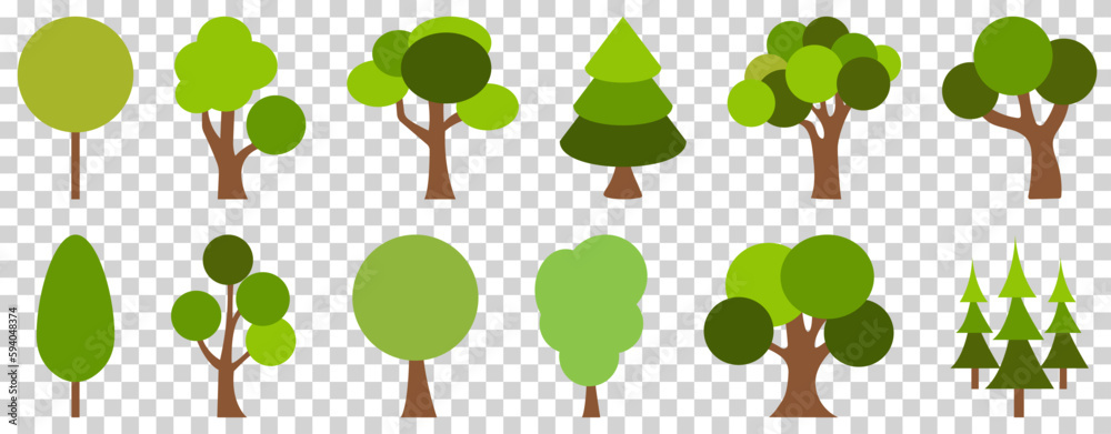 Flat trees set. Cartoon forest plants. Vector illustration isolated on ...