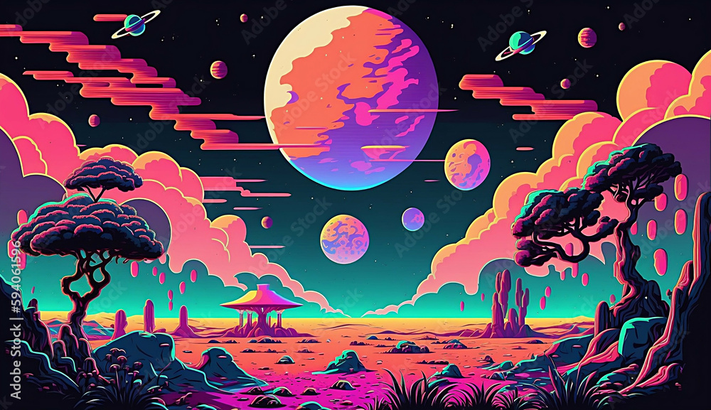 Planet and space neon abstract background retro new quality universal ...