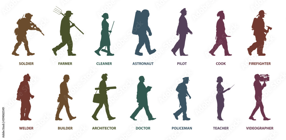 Professions set. Side view silhouette on white background. Vector ...