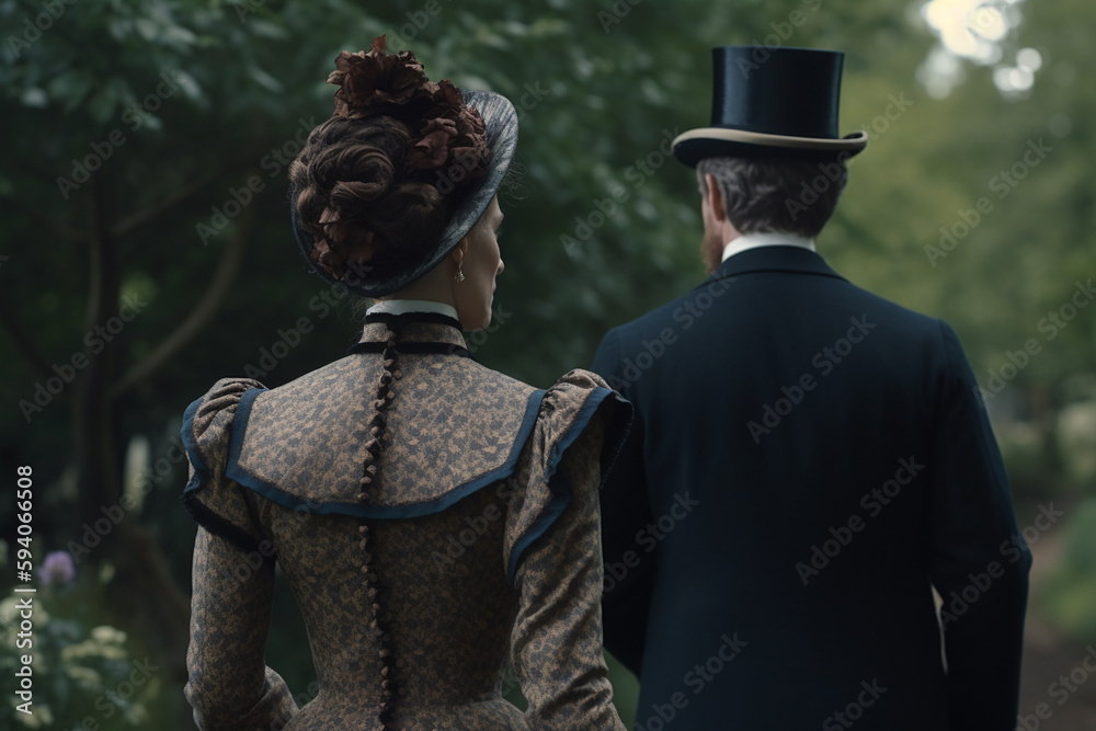 Ilustrace „Woman and man dressed in Victorian era 19th century clothing ...