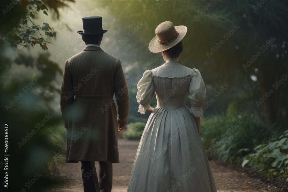 Woman and man dressed in Victorian era 19th century clothing walk ...