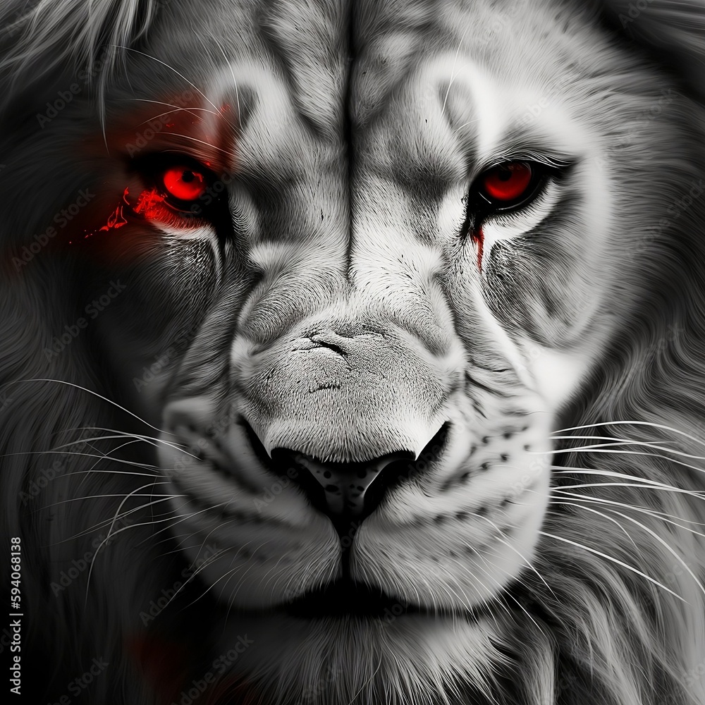 a close up of a lion's face with red eyes Stock Illustration | Adobe Stock
