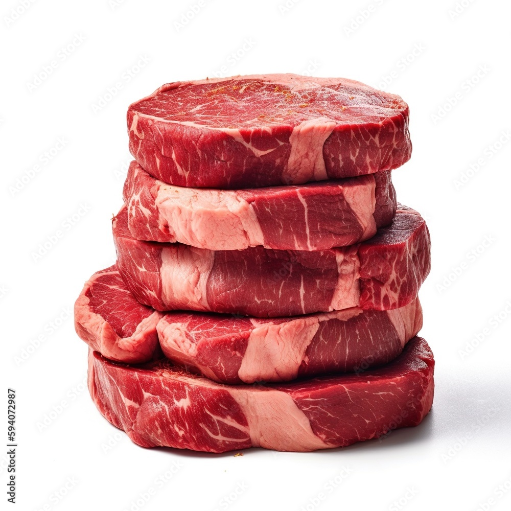 High stack of raw beef steak. Stack of Steak close-up. Raw meat close ...