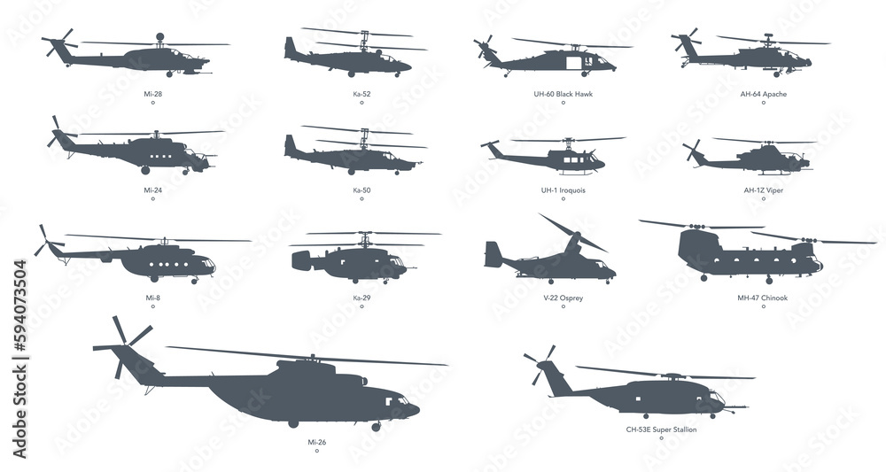 Military helicopter icon set. Helicopter silhouette on white background ...