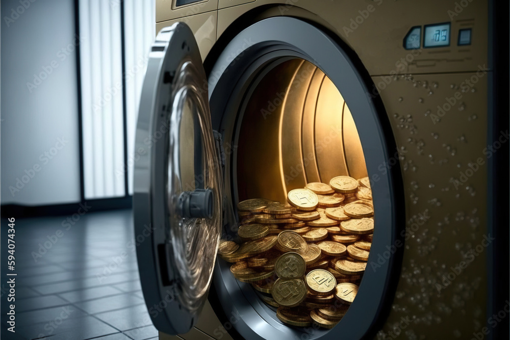 Gold coins are washed in the washing machine, created with Generative ...