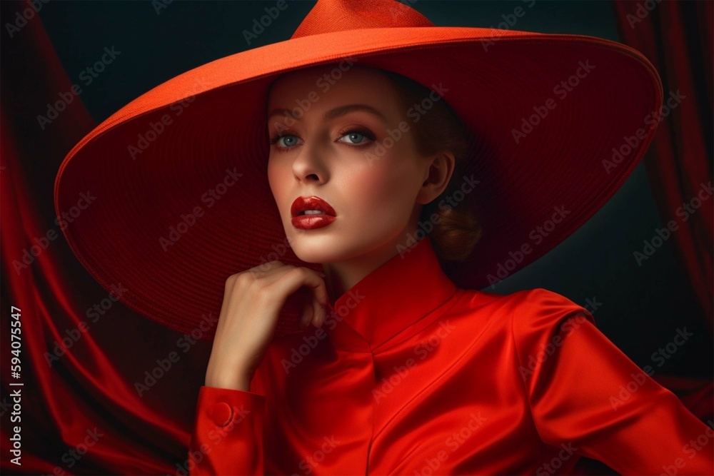 beautiful showy model in a red hat red clothes on a red background ...