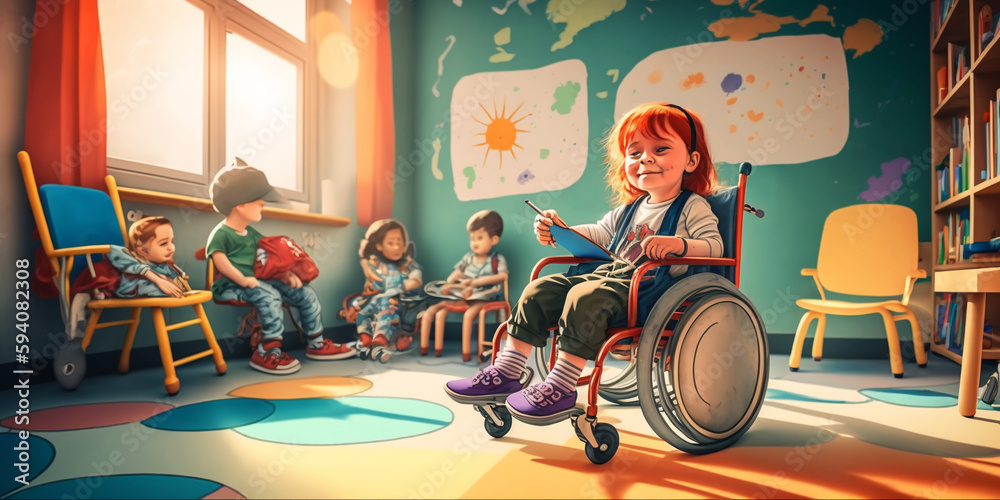 Generative AI, cartoon style, child in a wheelchair in kindergarten ...