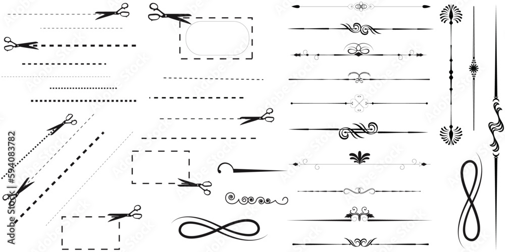 dotted line and scissors vector set, icon, symbol, logo, clipart ...