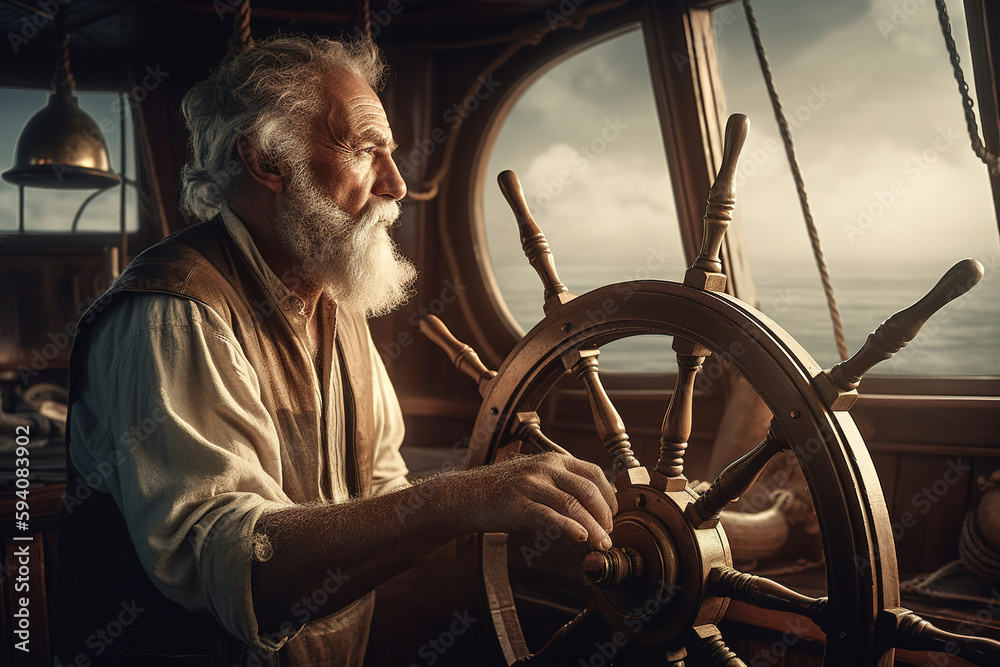 A captain stands at the wheel, surveying the sea and adjusting the ...