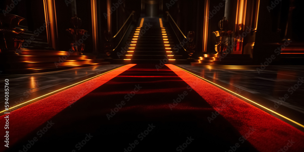 Red glowing carpet and ceremonial VIP staircase, close up. VIP luxury ...