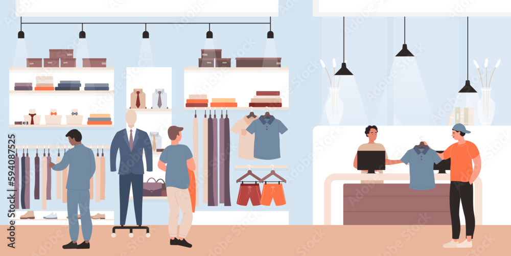 Cartoon flat man customer characters standing and trying new fashion ...