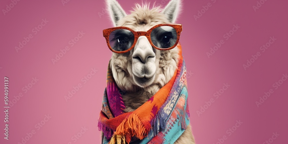 llama wearing patterned scarf and sunglasses, posed against a simple ...