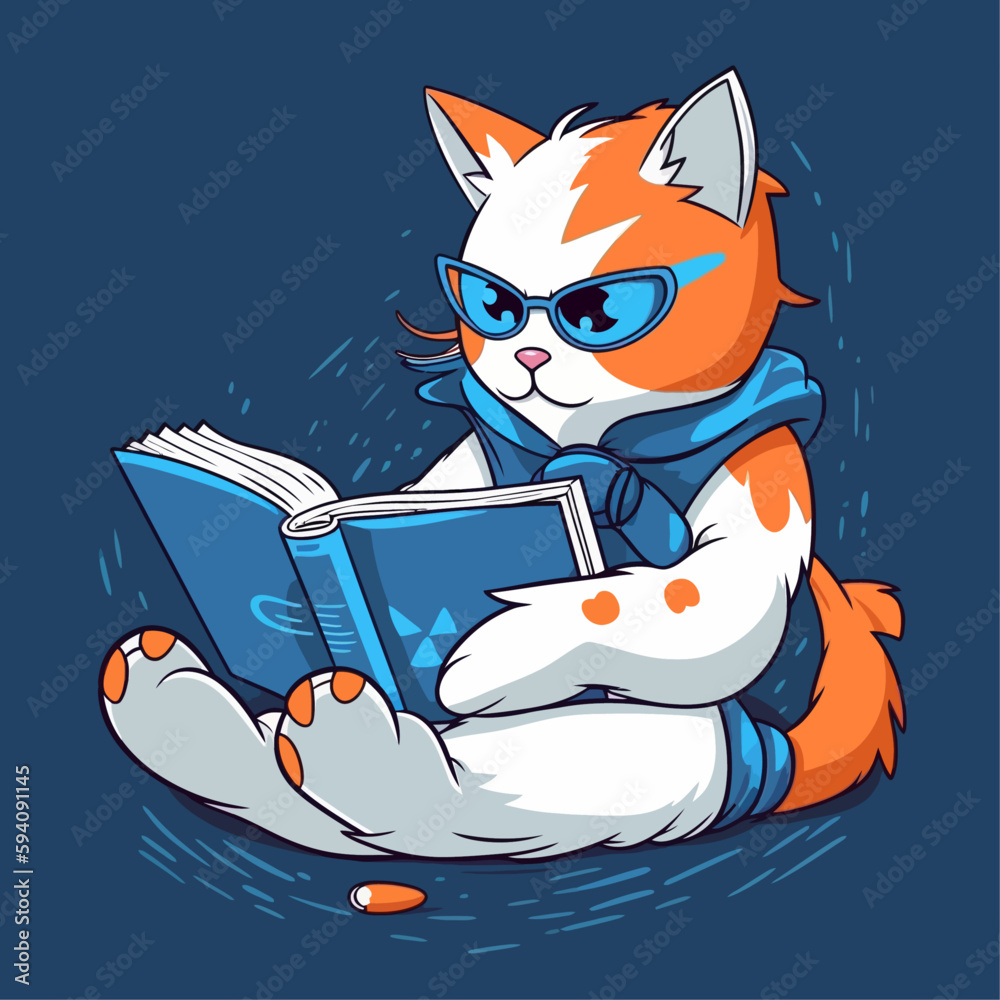 Cartoon funny cat mascot reading book vector illustration character ...