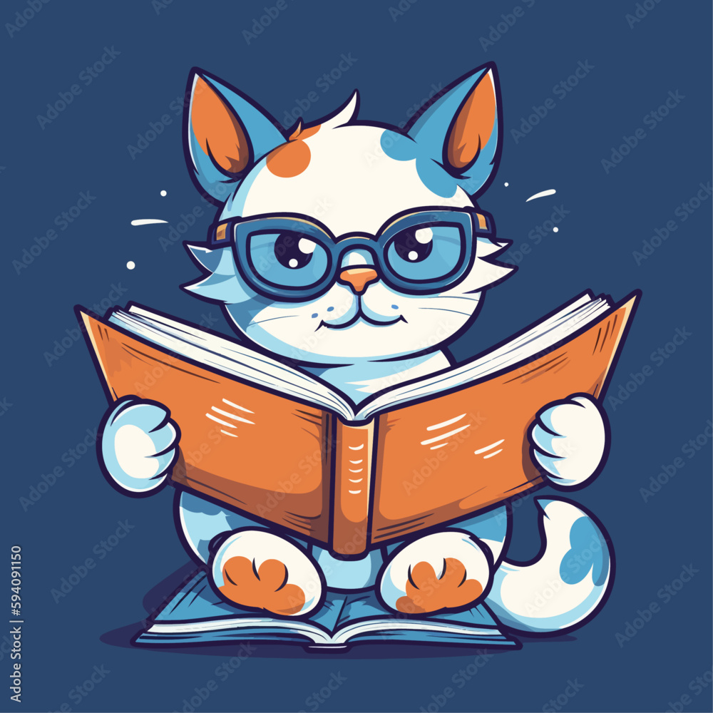 Cartoon funny cat mascot reading book vector illustration character ...