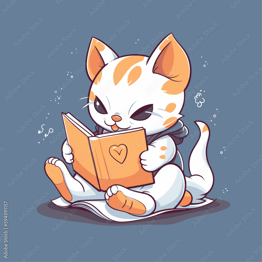 Cartoon funny cat mascot reading book vector illustration character ...