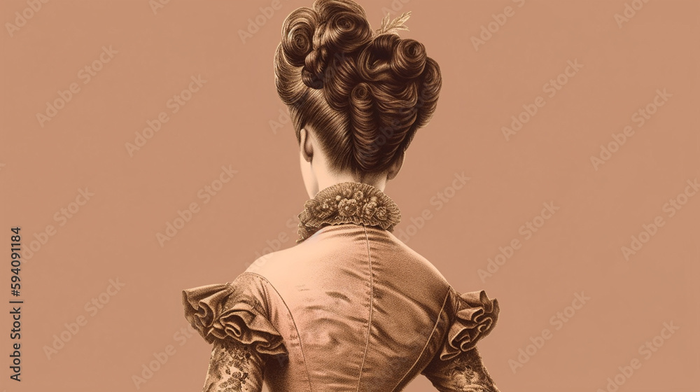 Woman dressed in Victorian era 19th century clothing on beige ...