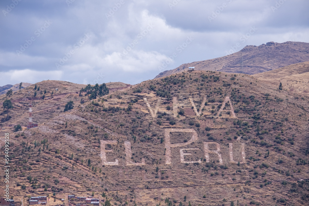 Viva El Peru writing at Andes mountain peak Cusco Peru. Viva el Peru ...